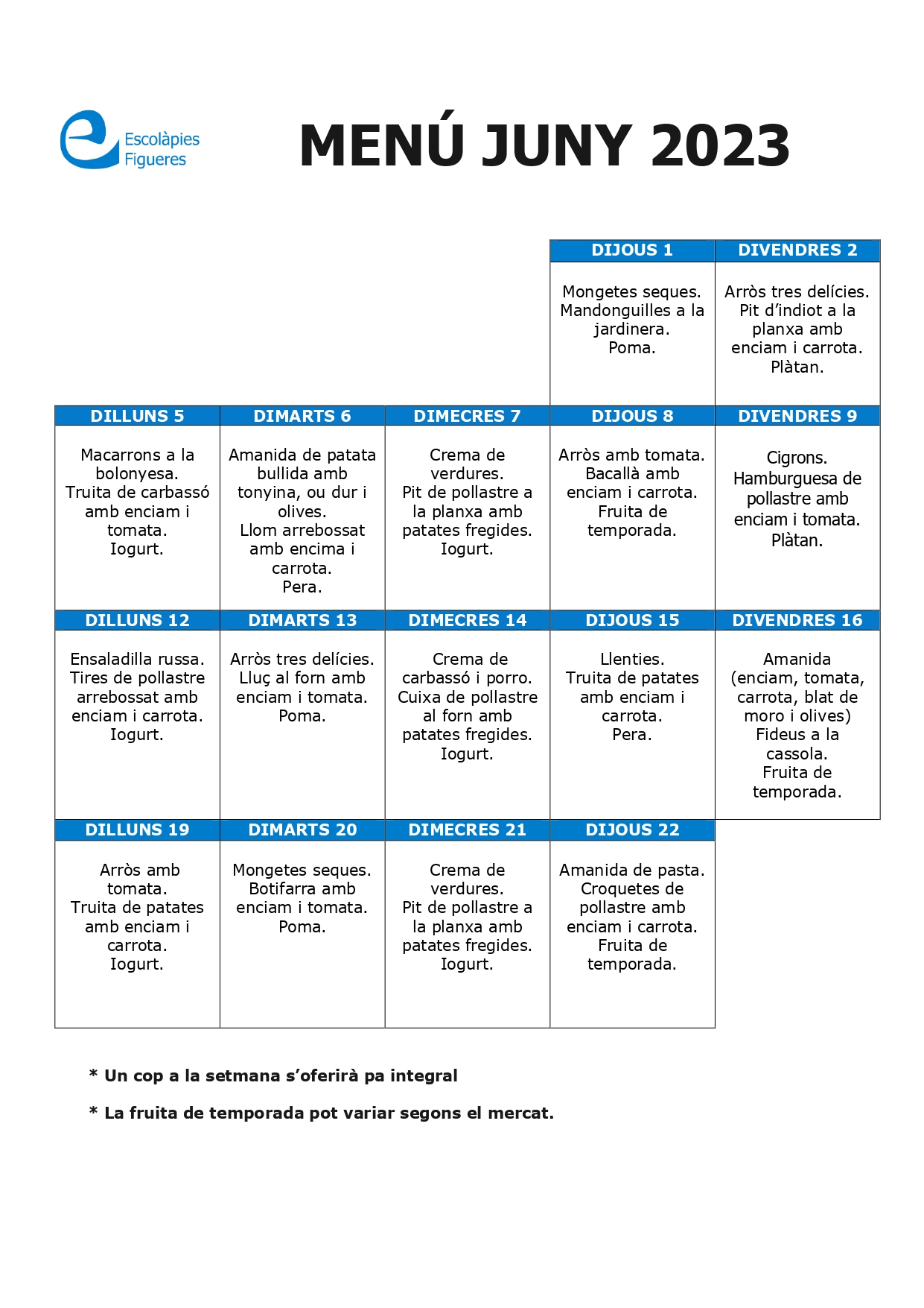 Menú escolar | Col·legi Escolàpies Figueres